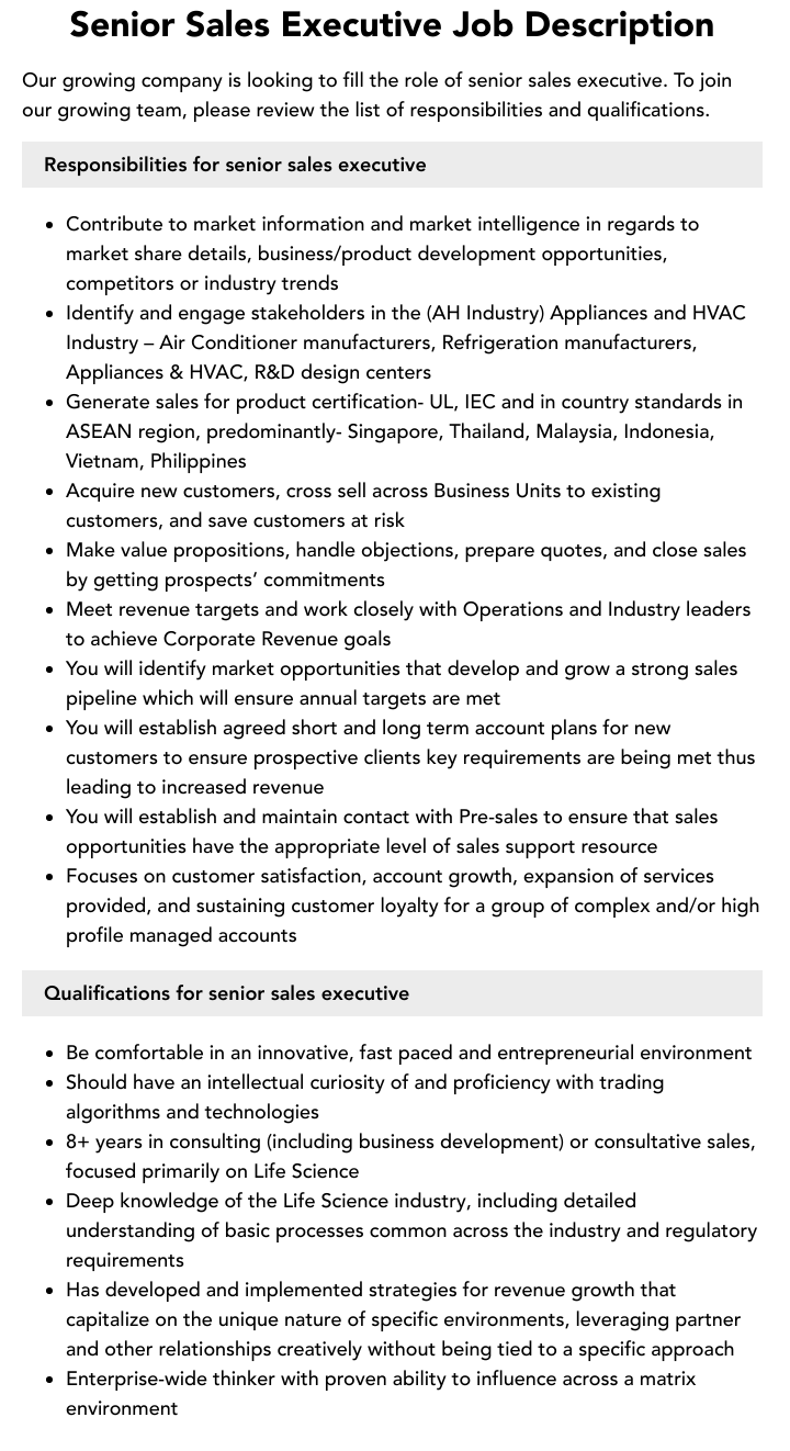Senior Sales Executive Job Description Velvet Jobs