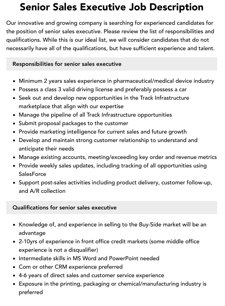 Senior Sales Executive Job Description Velvet Jobs
