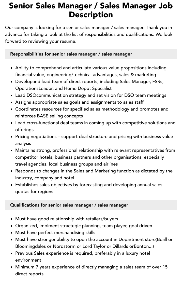 Senior Sales Manager Sales Manager Job Description Velvet Jobs