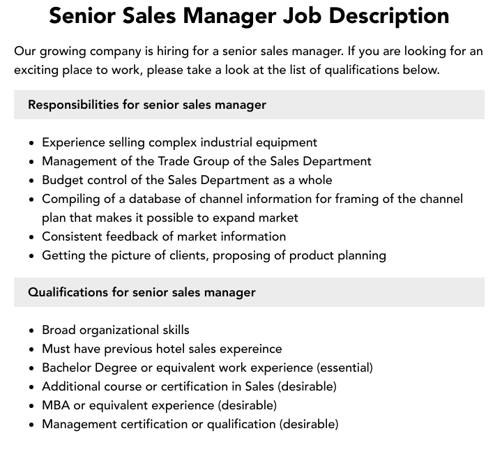  Senior Sales Manager Job Description Velvet Jobs