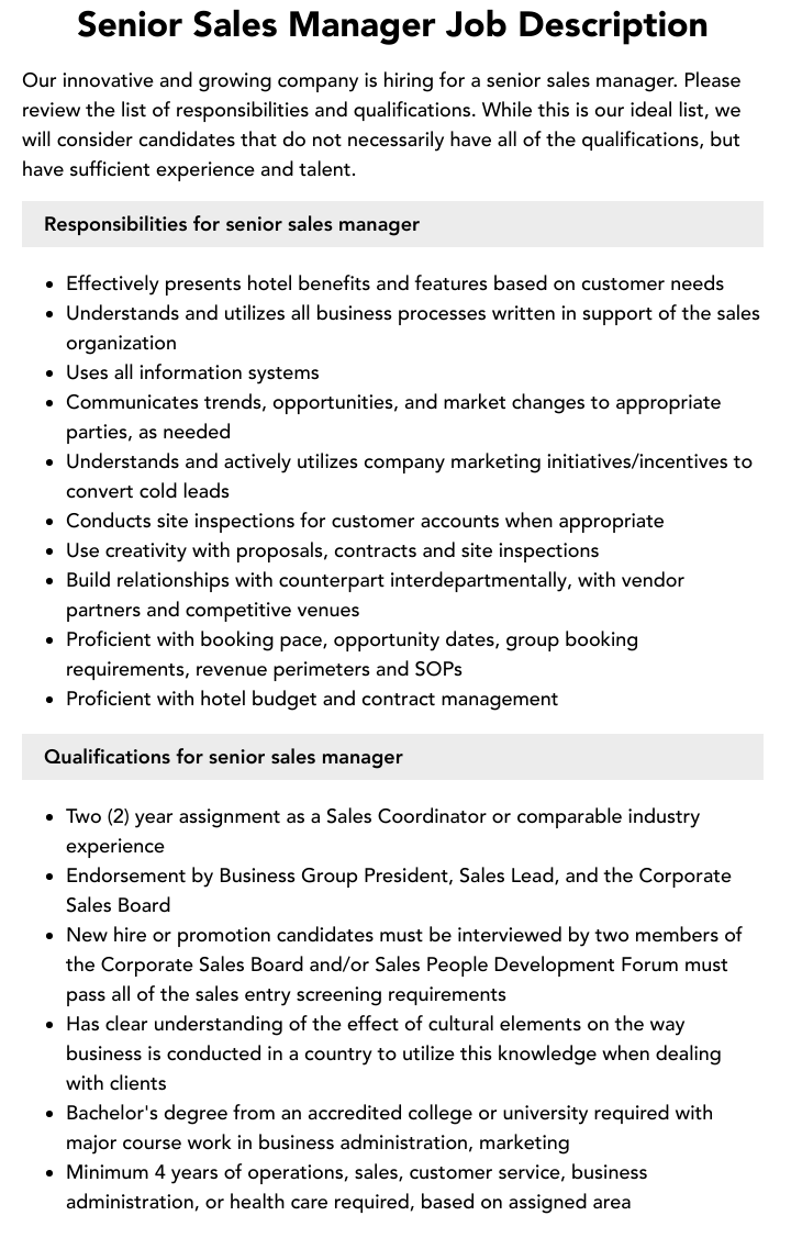  Senior Sales Manager Job Description Velvet Jobs