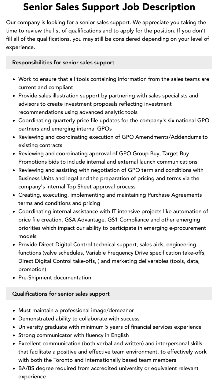 Senior Sales Support Job Description Velvet Jobs