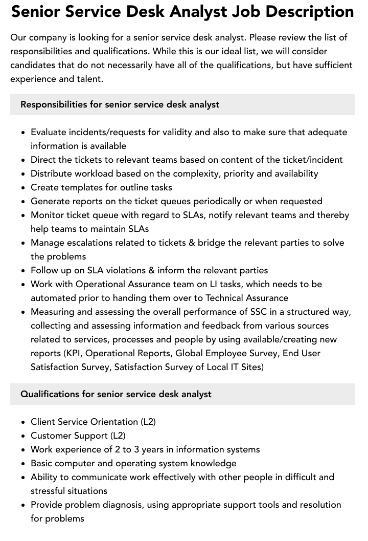 Senior Service Desk Analyst Job Description Velvet Jobs