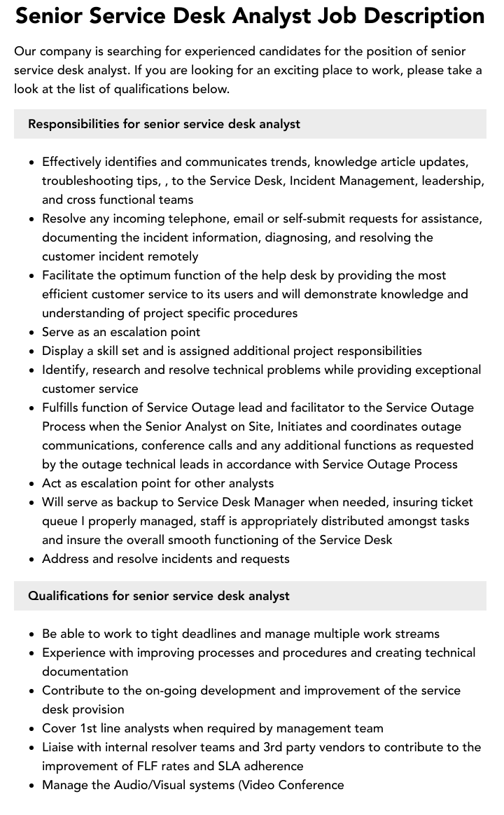 Senior Service Desk Analyst Job Description Velvet Jobs