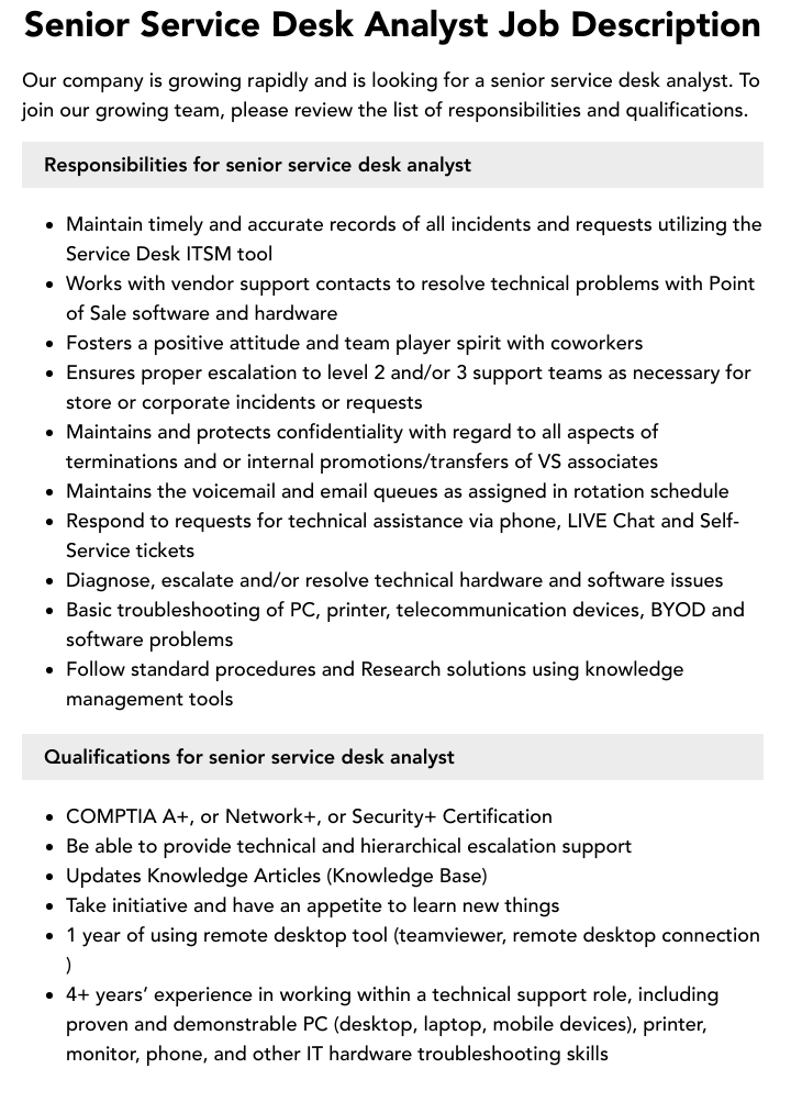 Senior Service Desk Analyst Job Description Velvet Jobs
