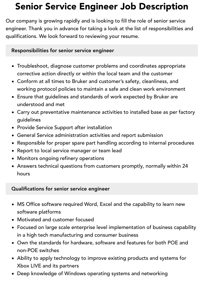 Senior Service Engineer Job Description Velvet Jobs Senior Service Engineer Job Description Velvet Jobs