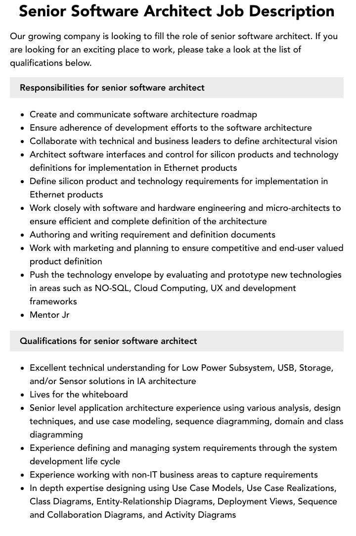 Senior Software Architect Job Description Velvet Jobs