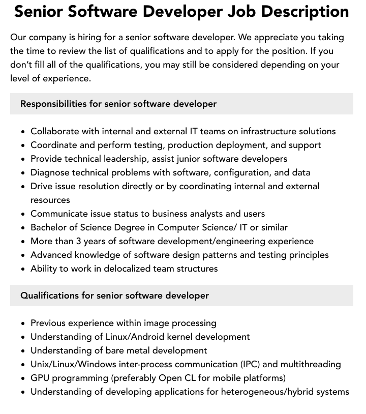  Senior Software Developer Job Description Velvet Jobs