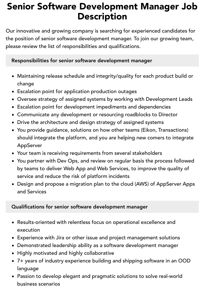 Senior Software Development Manager Job Description Velvet Jobs