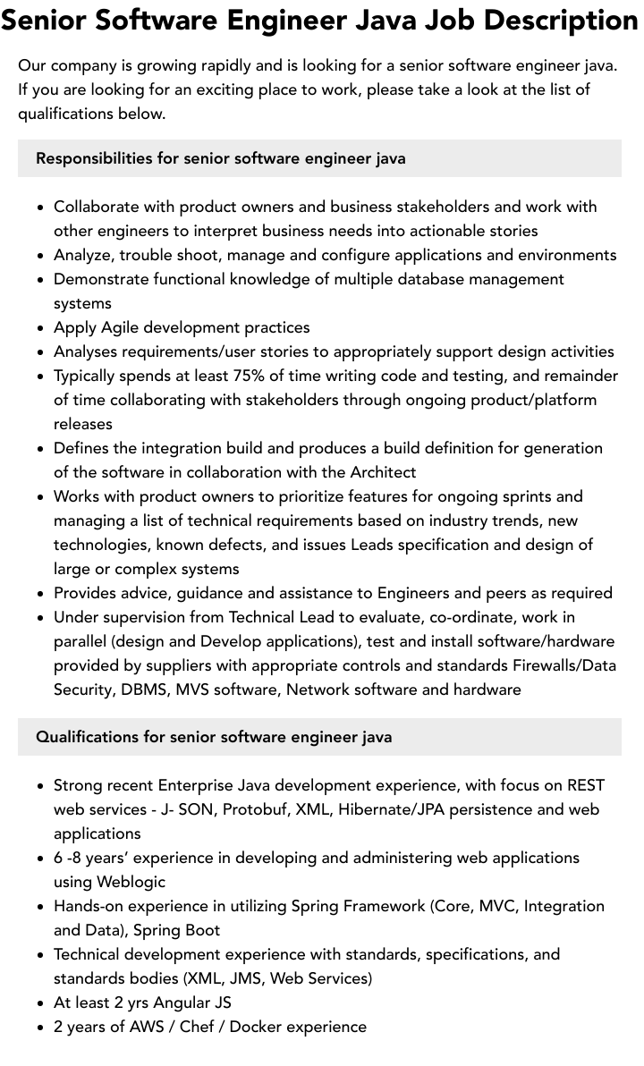 Senior Software Engineer Java Job Description Velvet Jobs
