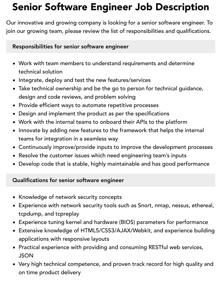 Senior Software Engineer Job Description Velvet Jobs
