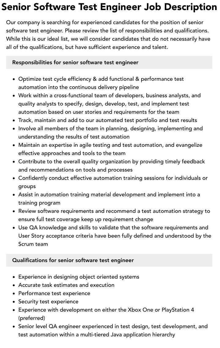 Senior Software Test Engineer Job Description Velvet Jobs