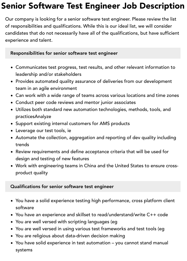 Senior Software Test Engineer Job Description Velvet Jobs