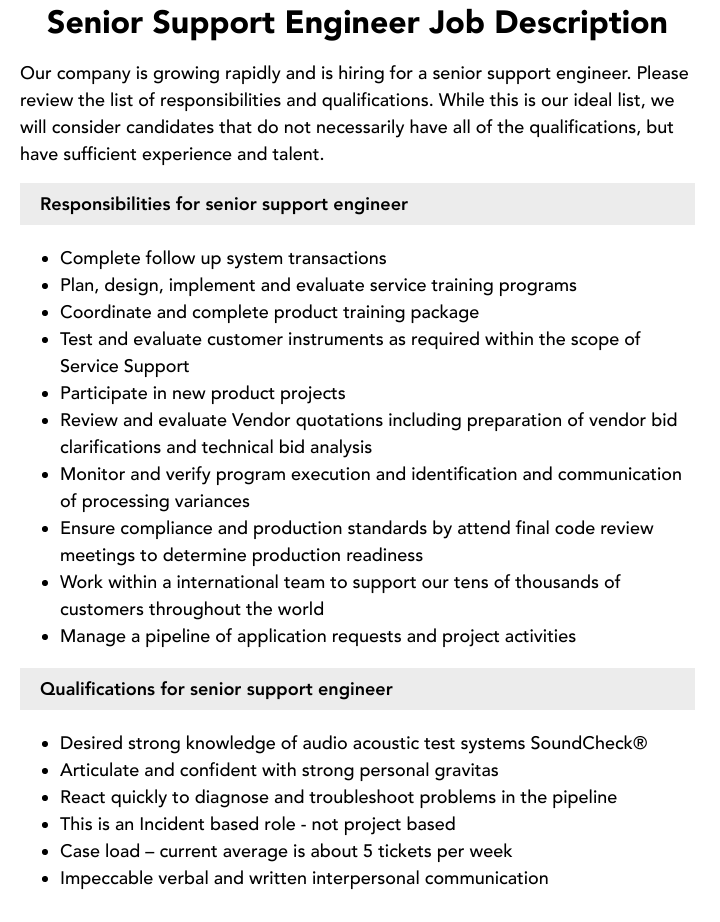 Senior Support Engineer Job Description Velvet Jobs Senior Support Engineer Job Description Velvet Jobs