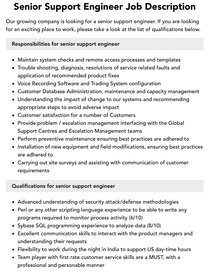 Senior Support Engineer Job Description Velvet Jobs Senior Support Engineer Job Description Velvet Jobs
