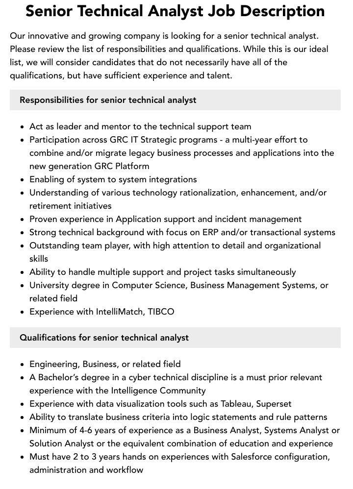 Senior Technical Analyst Job Description Velvet Jobs