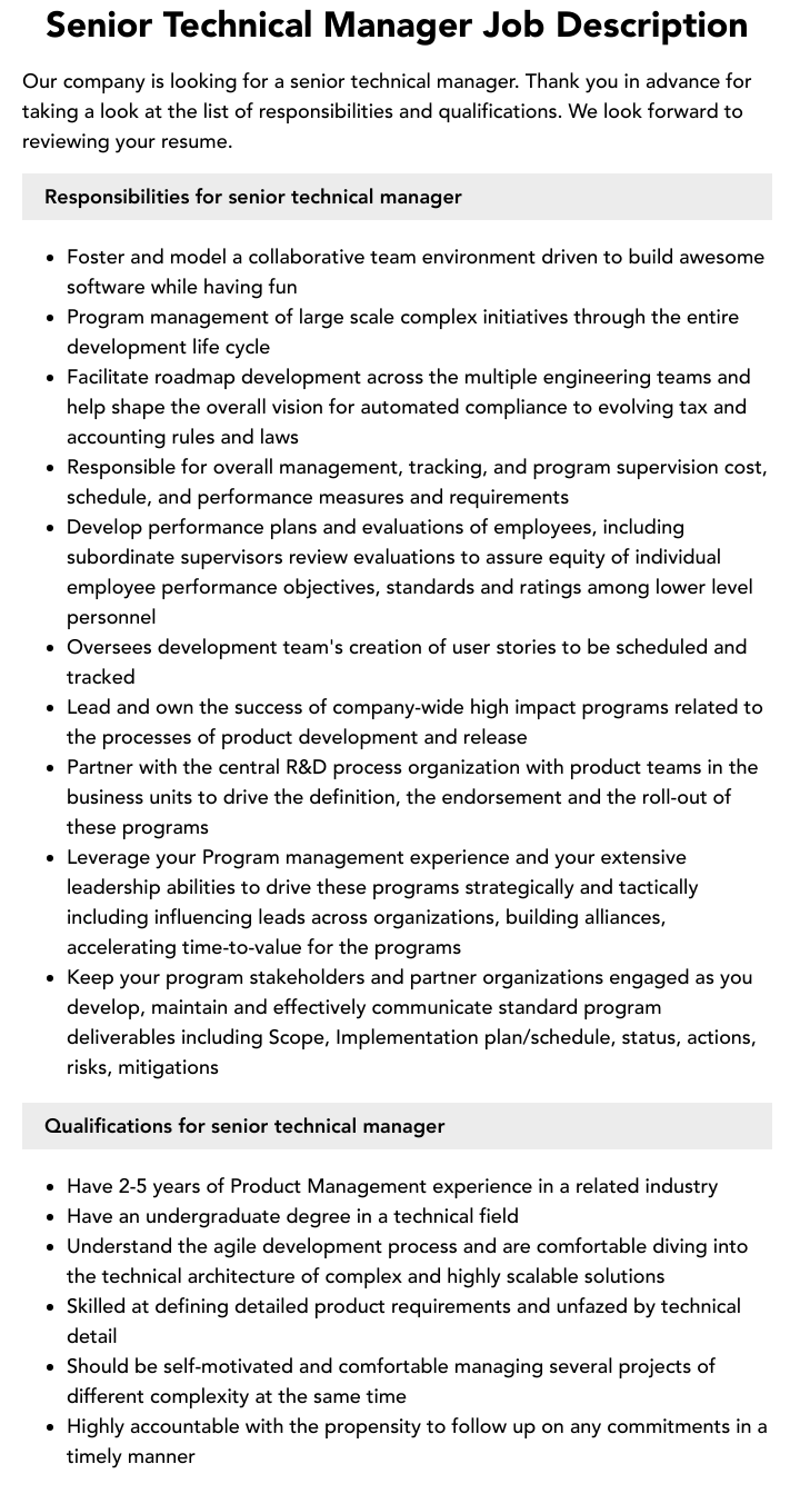 Senior Technical Manager Job Description Velvet Jobs