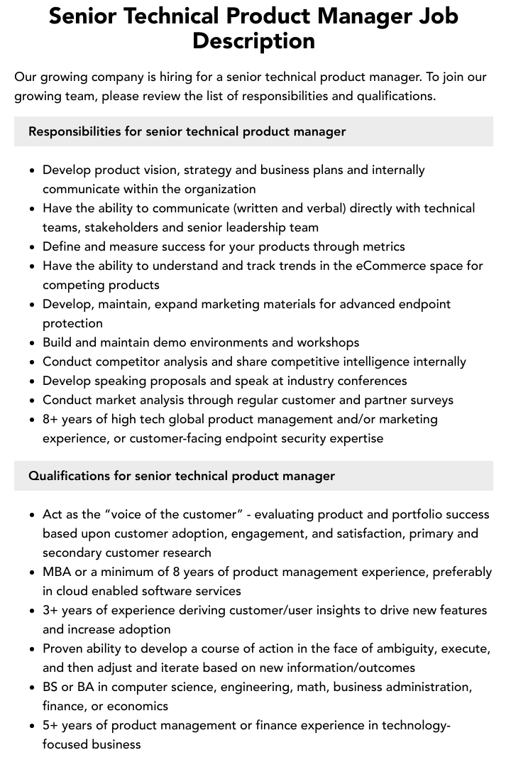 Senior Technical Product Manager Job Description Velvet Jobs