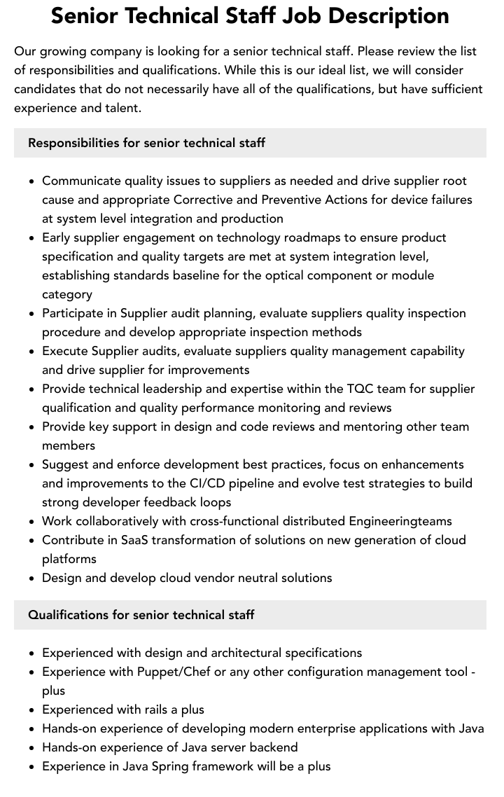 Senior Technical Staff Job Description Velvet Jobs Senior Technical Staff Job Description Velvet Jobs