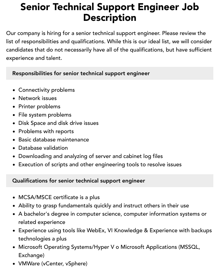 Senior Technical Support Engineer Job Description Velvet Jobs
