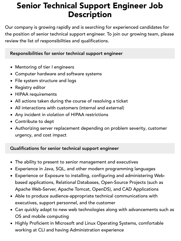 Senior Technical Support Engineer Job Description Velvet Jobs