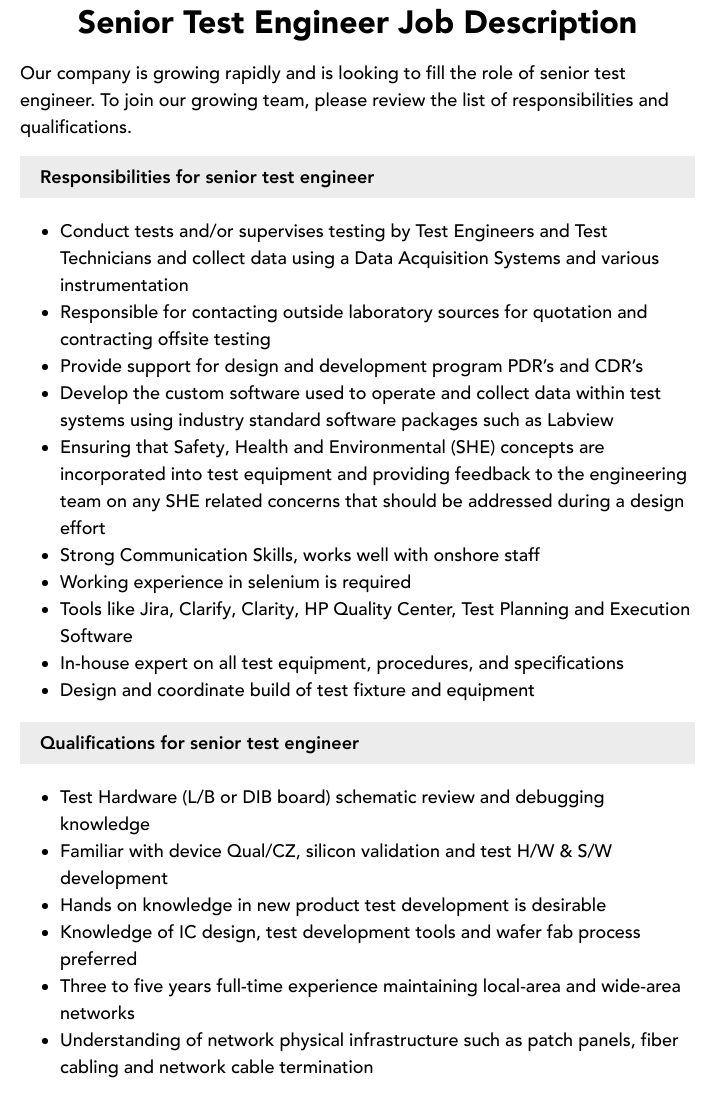 Senior Test Engineer Job Description Velvet Jobs