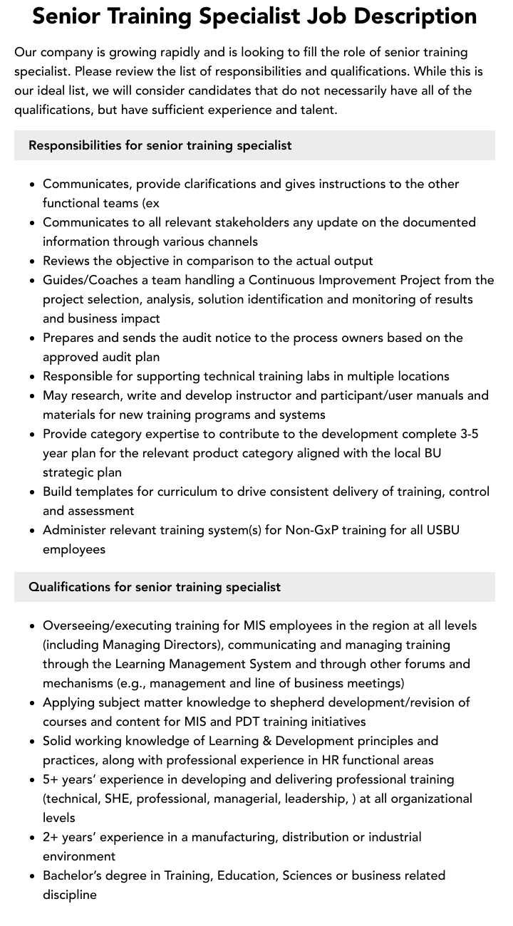 Senior Training Specialist Job Description Velvet Jobs