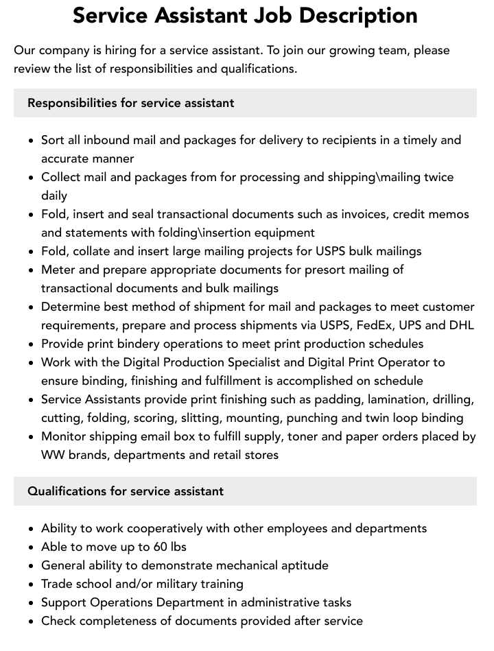 Service Assistant Job Description Velvet Jobs