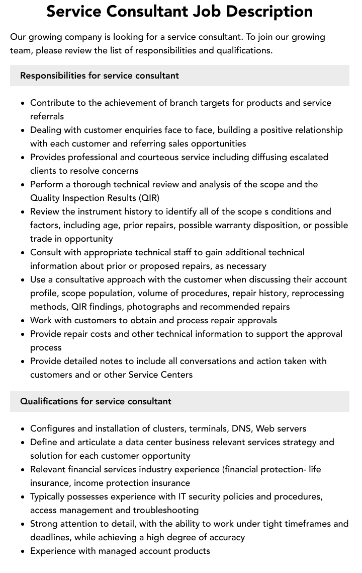 Service Consultant Job Description Velvet Jobs Service Consultant Job Description Velvet Jobs