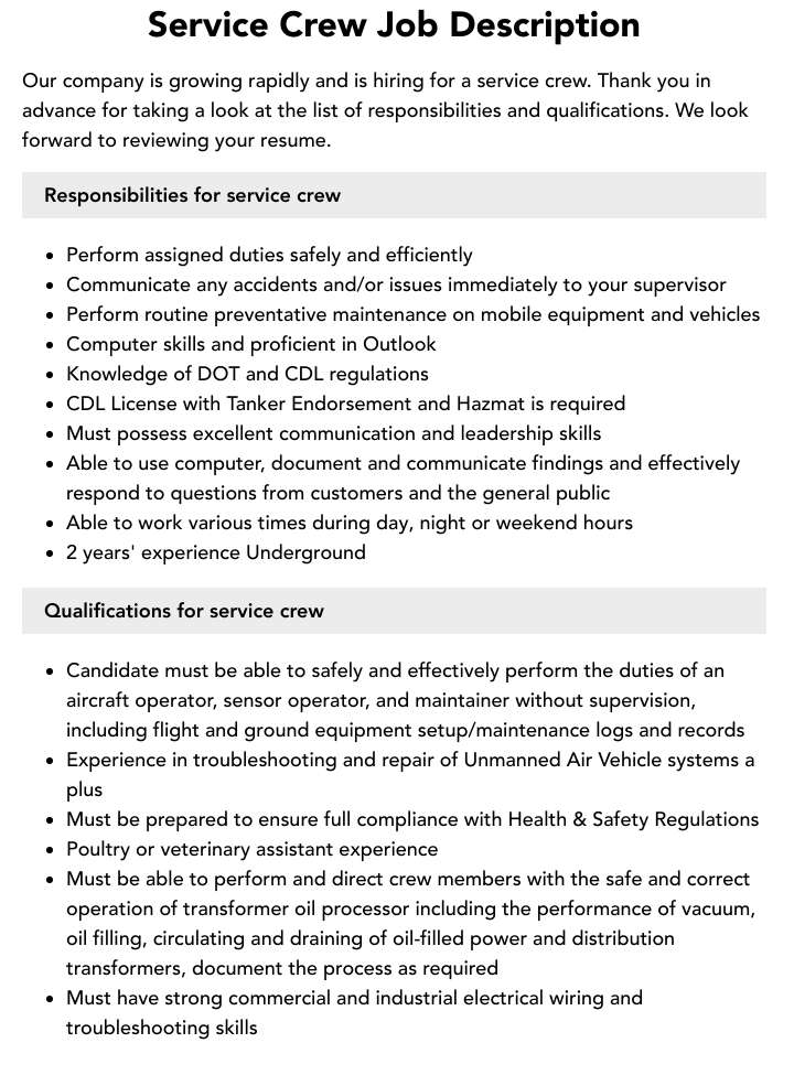 Service Crew Job Description Velvet Jobs