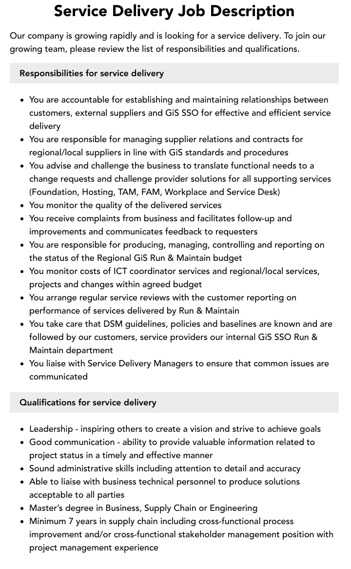 Service Delivery Job Description Velvet Jobs