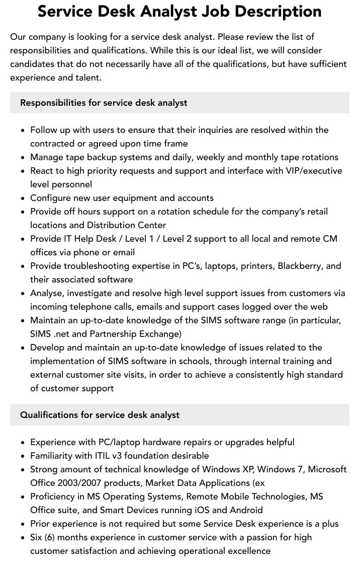 Service Desk Analyst Job Description Velvet Jobs