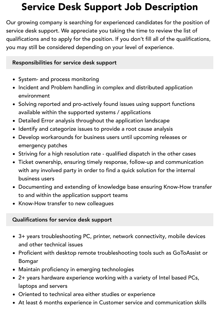 Service Desk Support Job Description Velvet Jobs