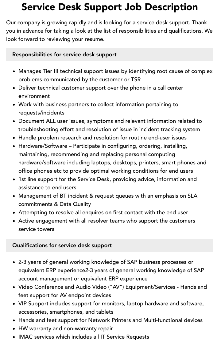 Service Desk Support Job Description Velvet Jobs