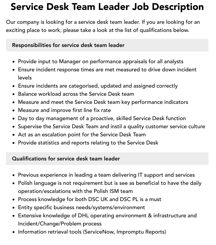 Service Desk Team Leader Job Description Velvet Jobs
