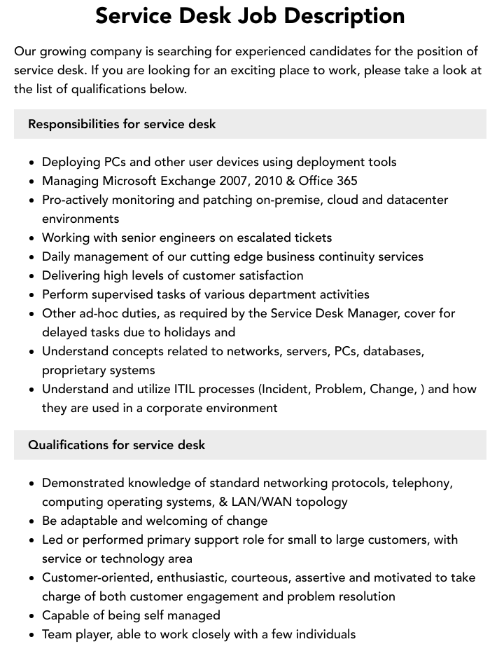 Service Desk Job Description Velvet Jobs