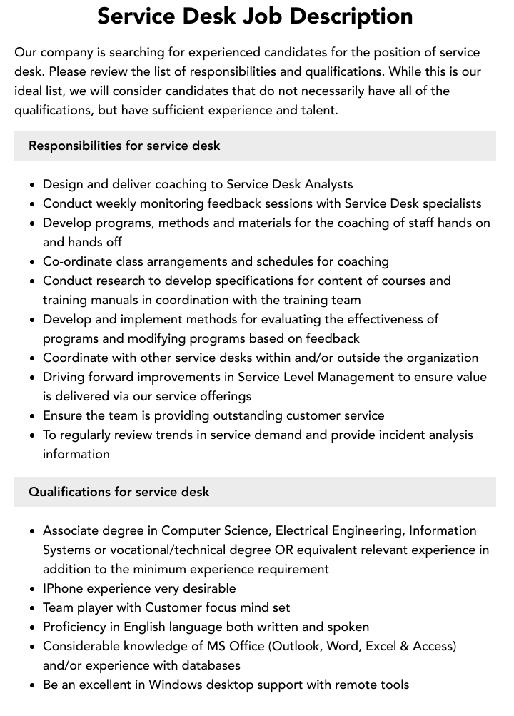 Service Desk Job Description Velvet Jobs