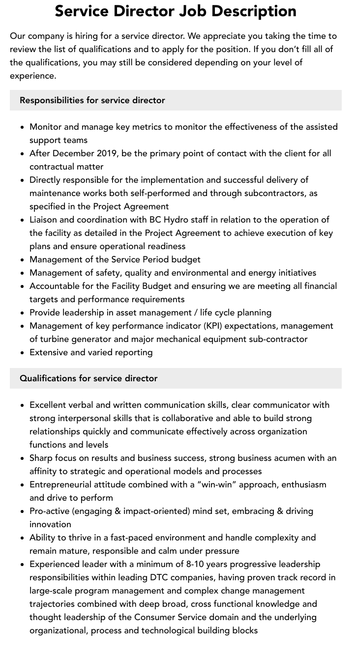 Service Director Job Description Velvet Jobs