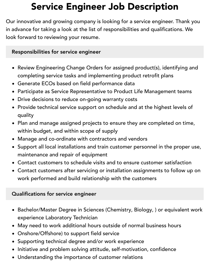 Service Engineer Job Description Velvet Jobs