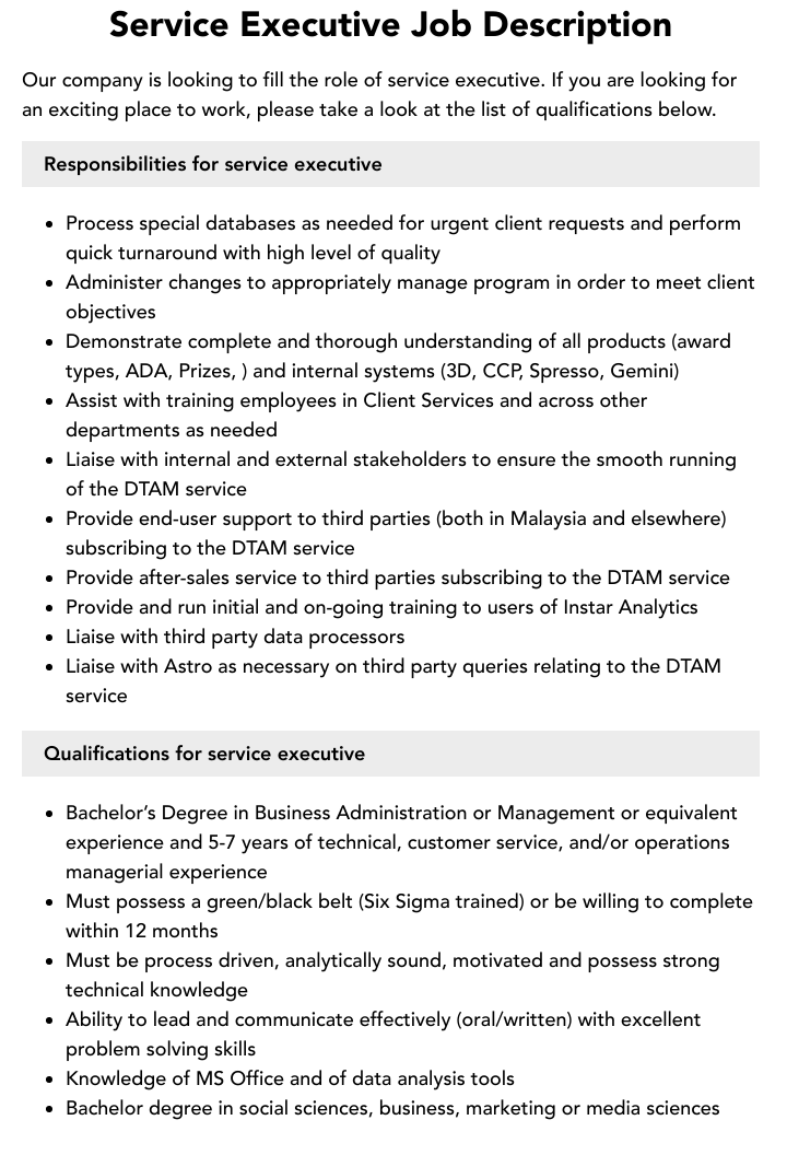 Service Executive Job Description Velvet Jobs