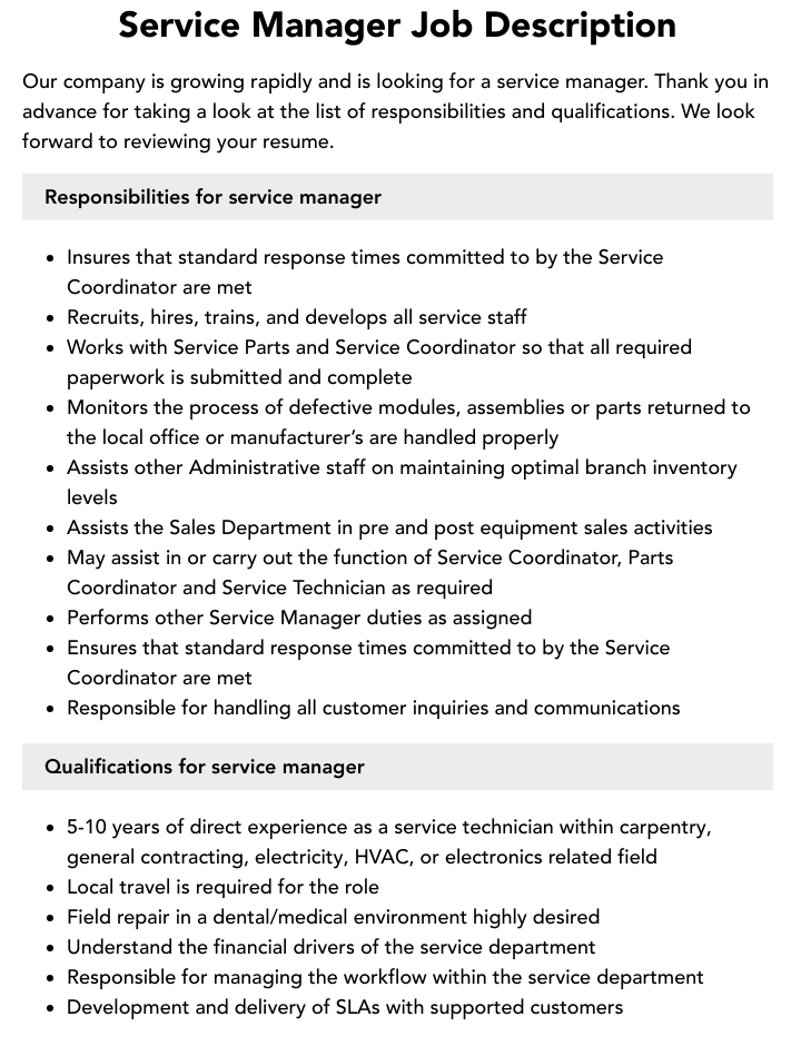 Service Manager Job Description Velvet Jobs