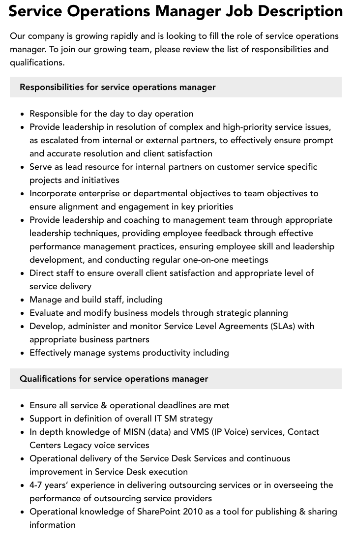 Roles And Responsibilities Of Service Operations Manager