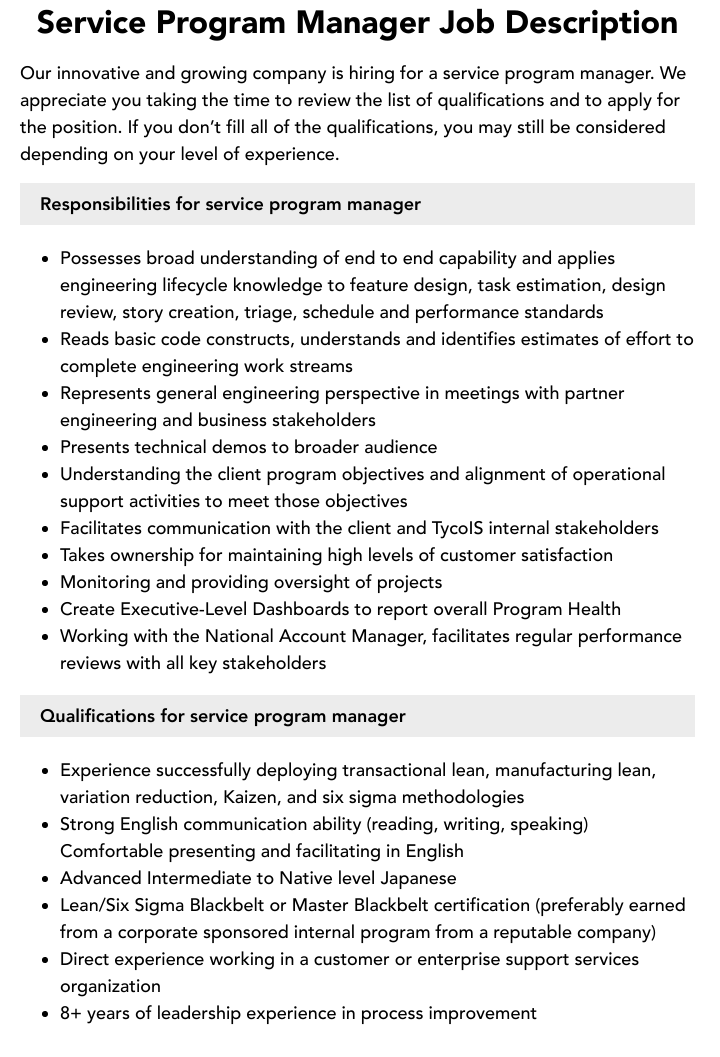 Service Program Manager Job Description Velvet Jobs