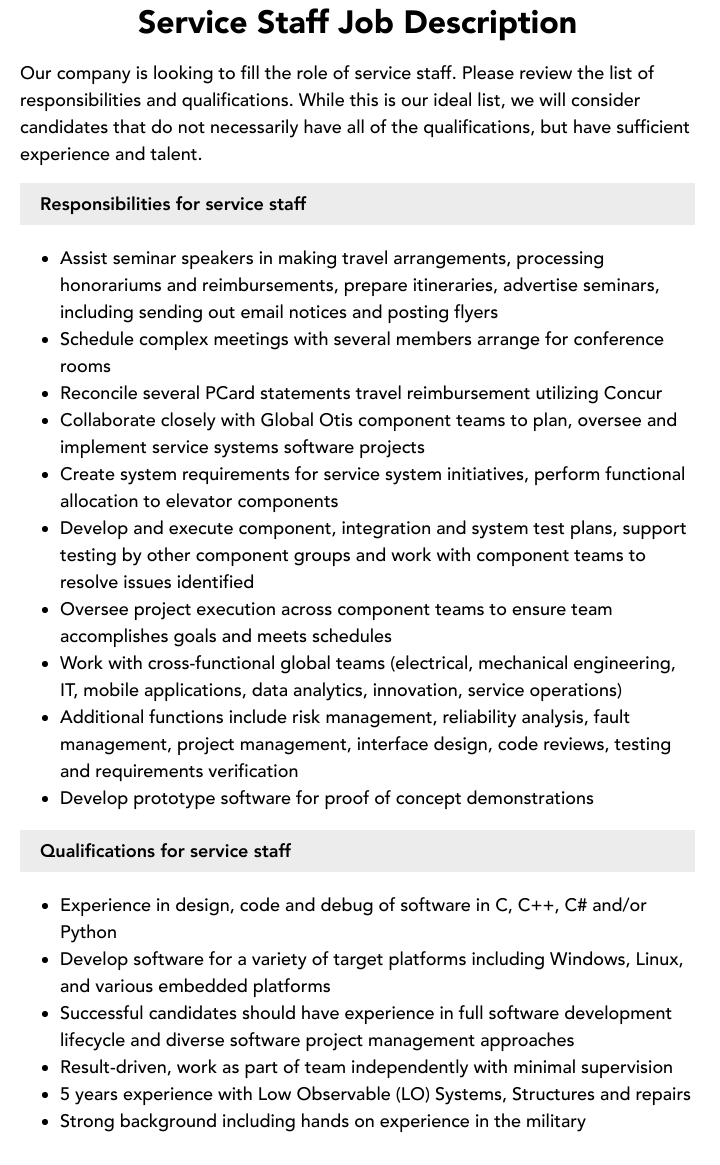 Service Staff Job Description Velvet Jobs