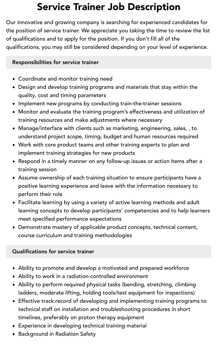 Service Trainer Job Description Velvet Jobs