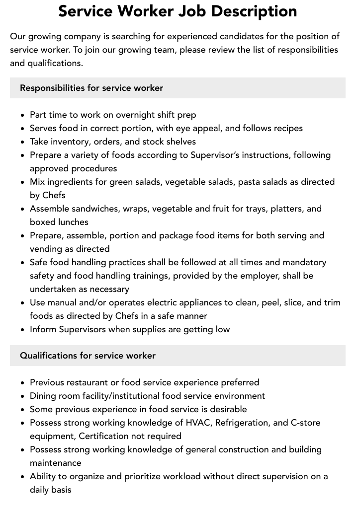 Service Worker Job Description Velvet Jobs