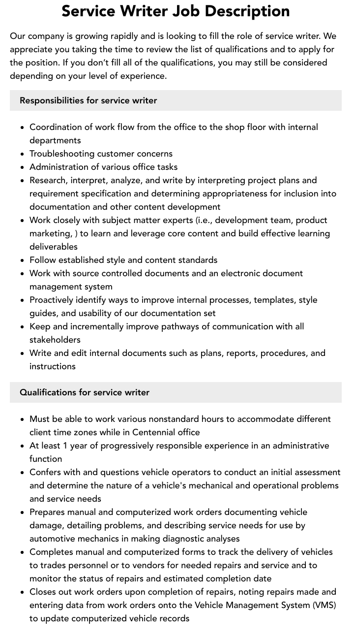 Service Writer Job Description Velvet Jobs
