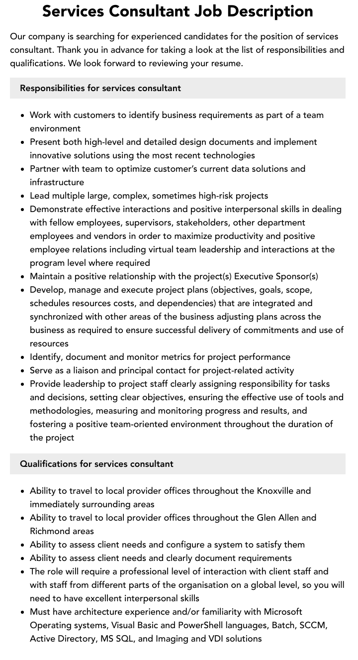 Services Consultant Job Description Velvet Jobs Services Consultant Job Description Velvet Jobs