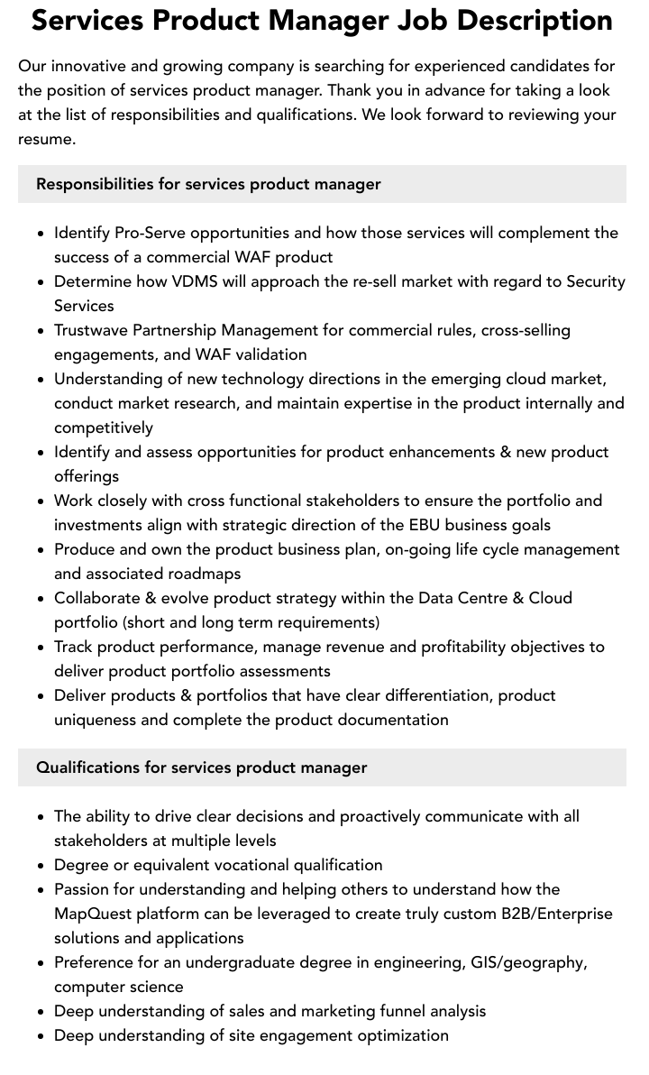 Services Product Manager Job Description Velvet Jobs
