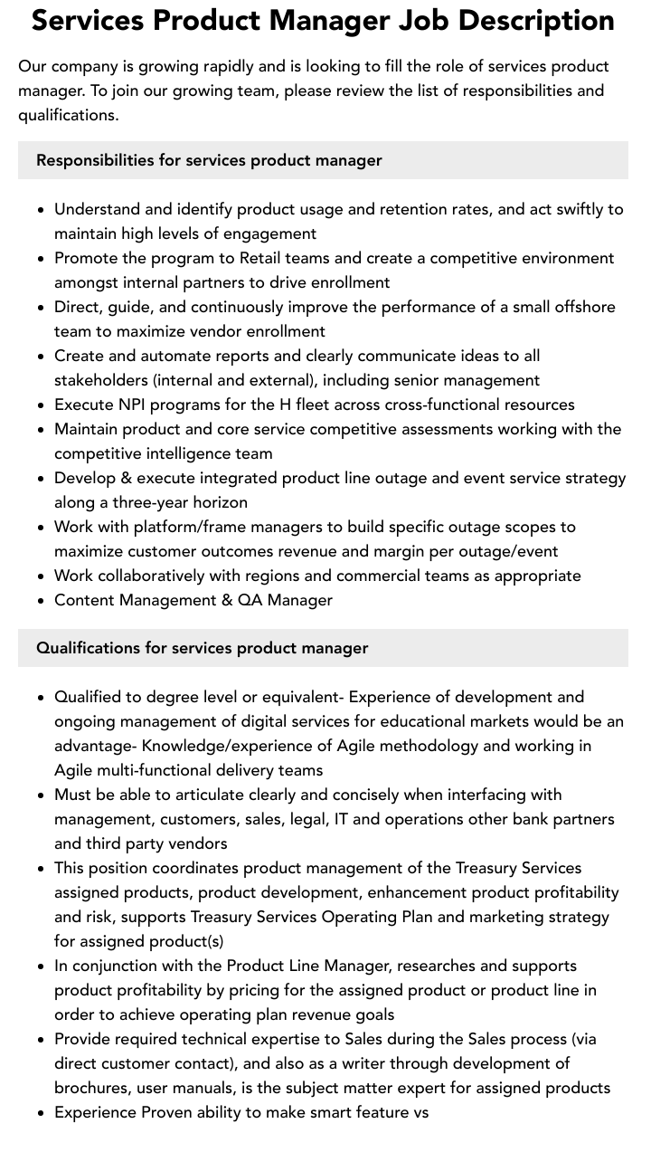Services Product Manager Job Description Velvet Jobs
